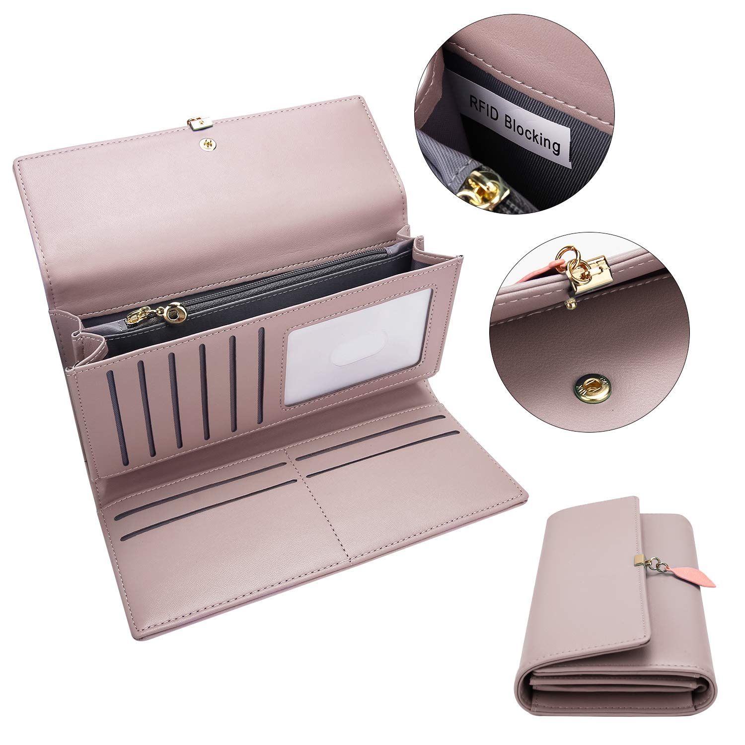 YALUXE Wallet for Women RFID Blocking Genuine Leather Leaf Pendant Snap Card Holder Organizer Zipper Coin Purse