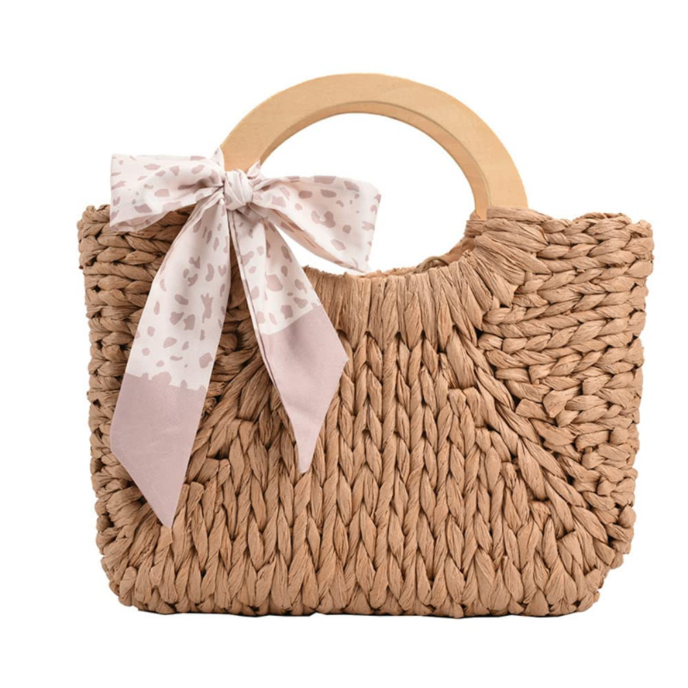 CuteCue Summer Woven Tote with Bow Decoration Large Capacity Beach Bag Straw Bag Bucket Bag Cottagecore Style (Khaki), One Size
