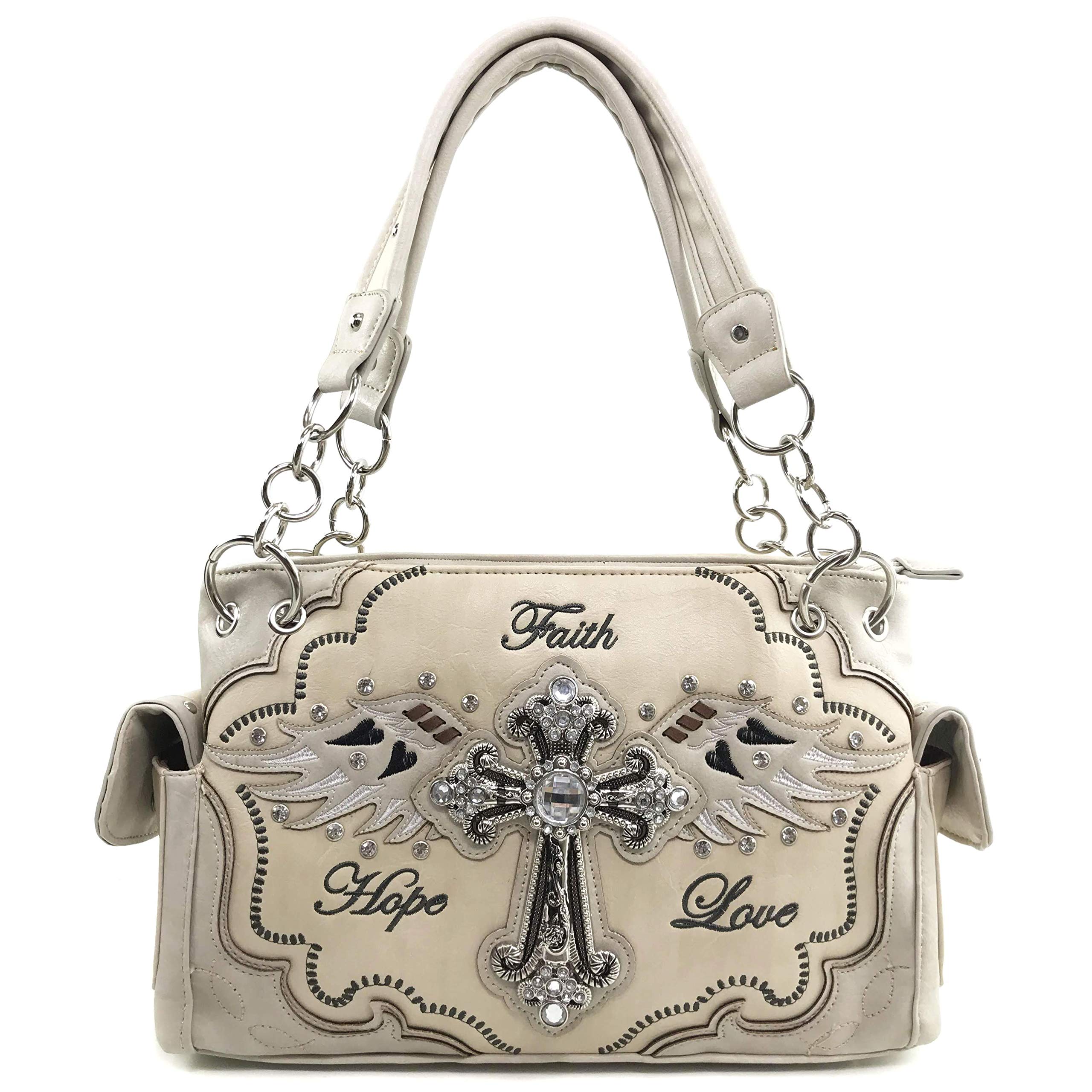 Zelris Faith Love Hope Cross Angel Wing Women Conceal Carry Handbag Wallet Set (Beige)