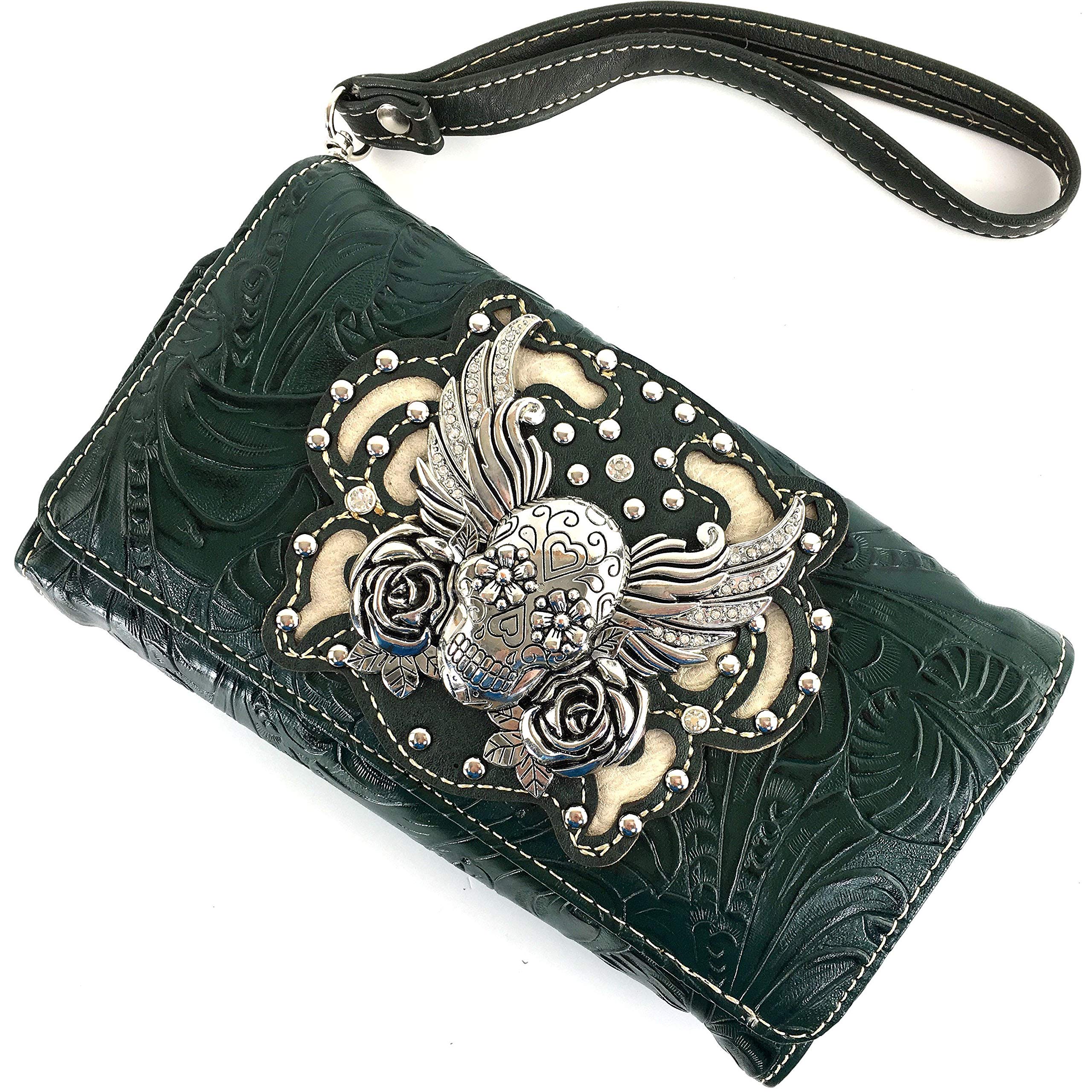 Zelris Sugar Skull Roses Angel Wing Women Crossbody Wrist Handle Trifold Wallet (Olive)