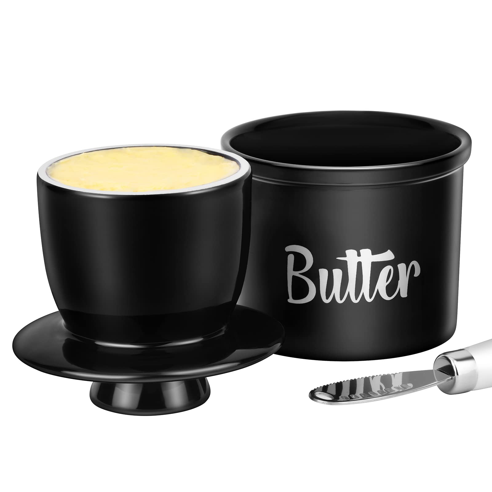 Butter Crock with Spreader, French Butter Keeper with Water Line for Counter, The Original Porcelain Butter Dish. Gift for Thanksgiving, Christmas and Motherโs Day,JSHKY. (Color: Black)