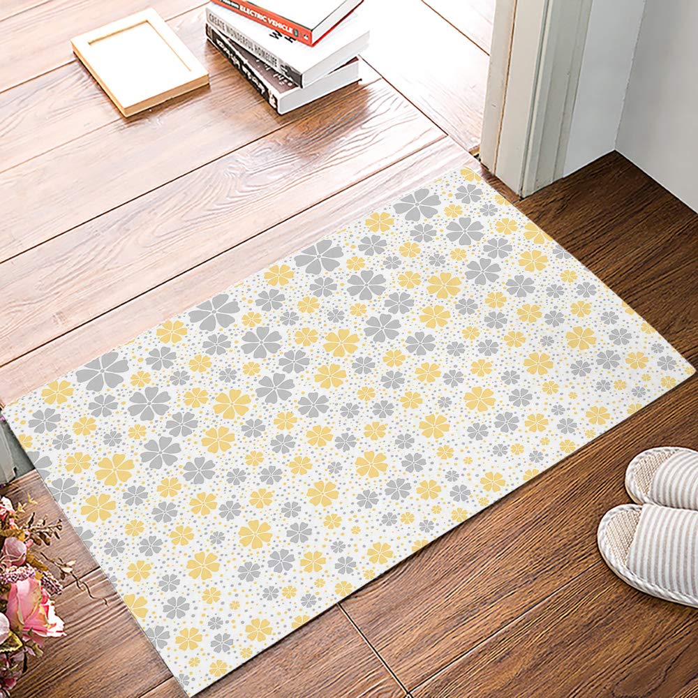Door Mat for Bedroom Decor, Fresh Yellow and Grey Floral Floor Mats, Holiday Rugs for Living Room, Absorbent Non-Slip Bathroom Rugs Home Decor Kitchen Mat Area Rug 18x30 Inch