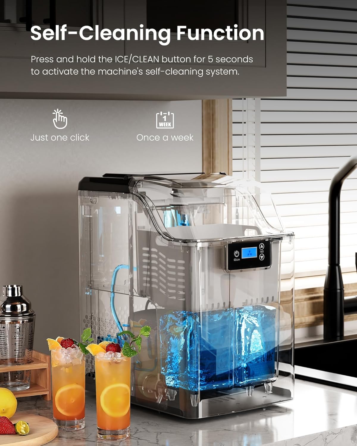 Kismile Nugget Ice Makers Countertop, 45lbs/Day Pebble Ice Maker Machine with 24-Hour Timer, Self-Cleaning Crushed ice Maker with Ice Scoop and Ice Basket for Home & Kitchen (Black)