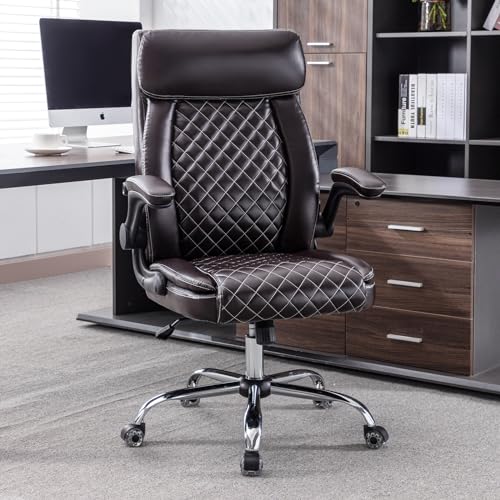 Executive Office Chair Ergonomic Desk Chair, High Back Computer Chair with Adjustable Lumbar Support,Padded Flip-Up Arms Home Office Chair, Upholstered Swivel Work Chair for Long Hours