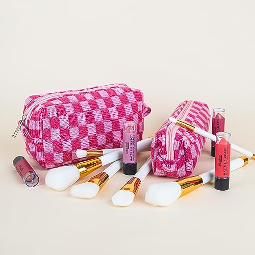 Checkered Pouch and Pencil Case Set (Pink/Pink)