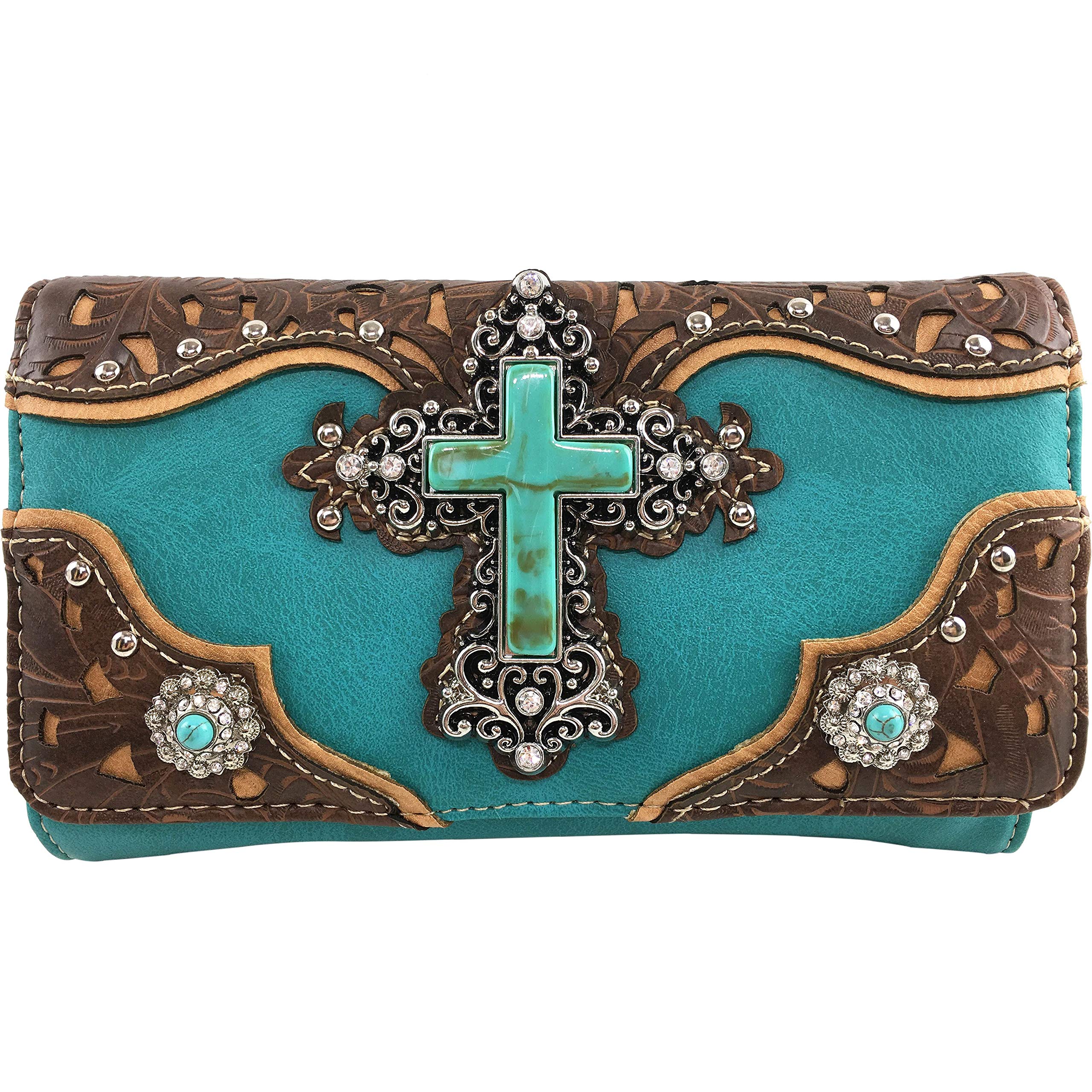 Zelris Turquoise Rhinestone Cross Western Women Crossbody Wrist Trifold Wallet (Turquoise)