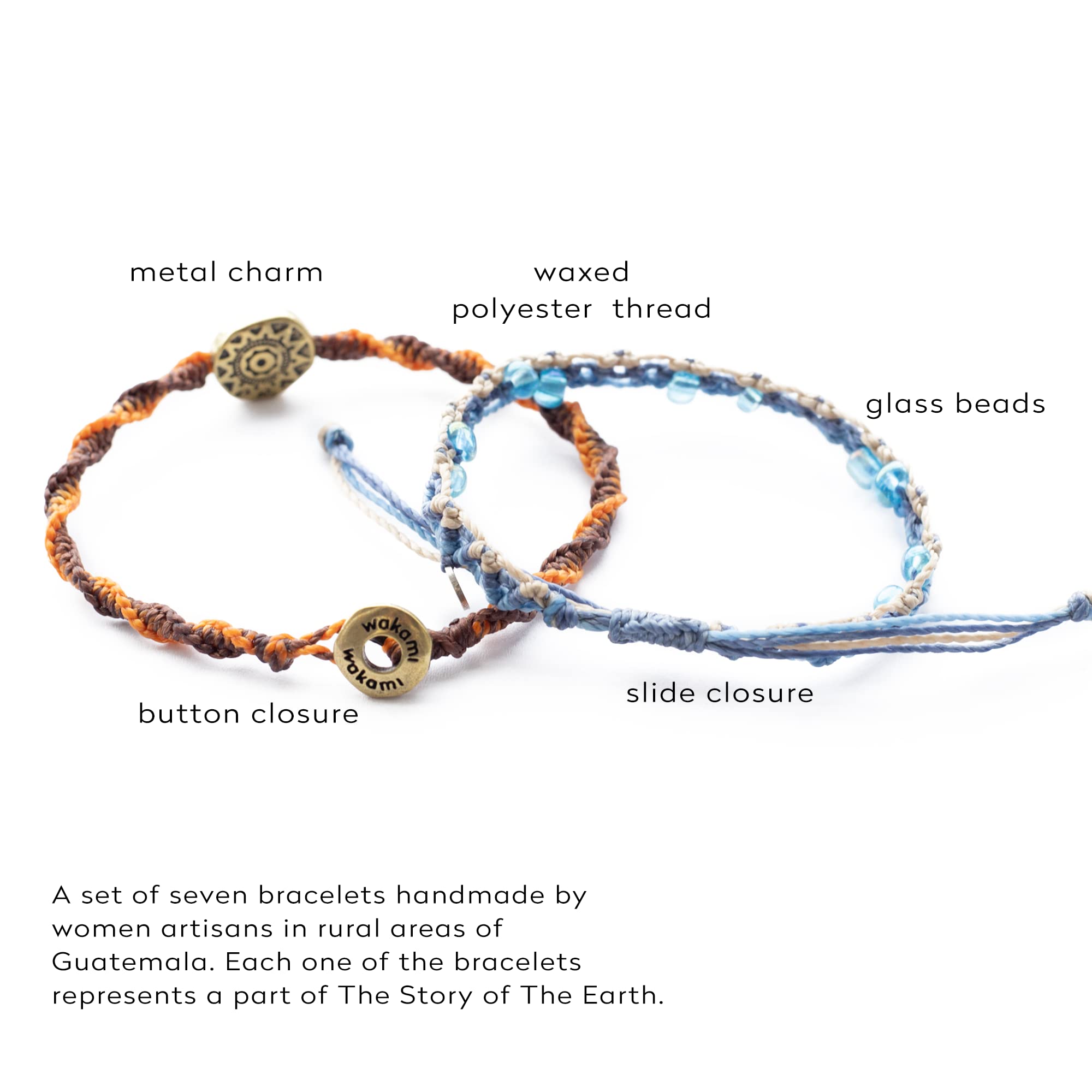 Wakami Earth Handmade Boho Bracelets Set of 7 | Braided Indie Bracelets for Women and Men | Beaded, Stackable, Handmade by Artisans, Waterproof Waxed Thread | EARTH