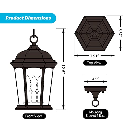 Euri Lighting EHL-130W-MD, Flickering Flame Hanging Lantern, Water Glass, with Integrated Security Light (3000K), Wall Switch Selectable Function, Water Glass, Oil Rubbed Bronze Housing