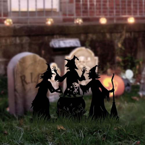 Halloween Witch Decorations Outdoor - 3pcs Witch Metal Yard Stakes, Witch Cauldron Sign Shadow Casters for Halloween Yard Garden Art Decor