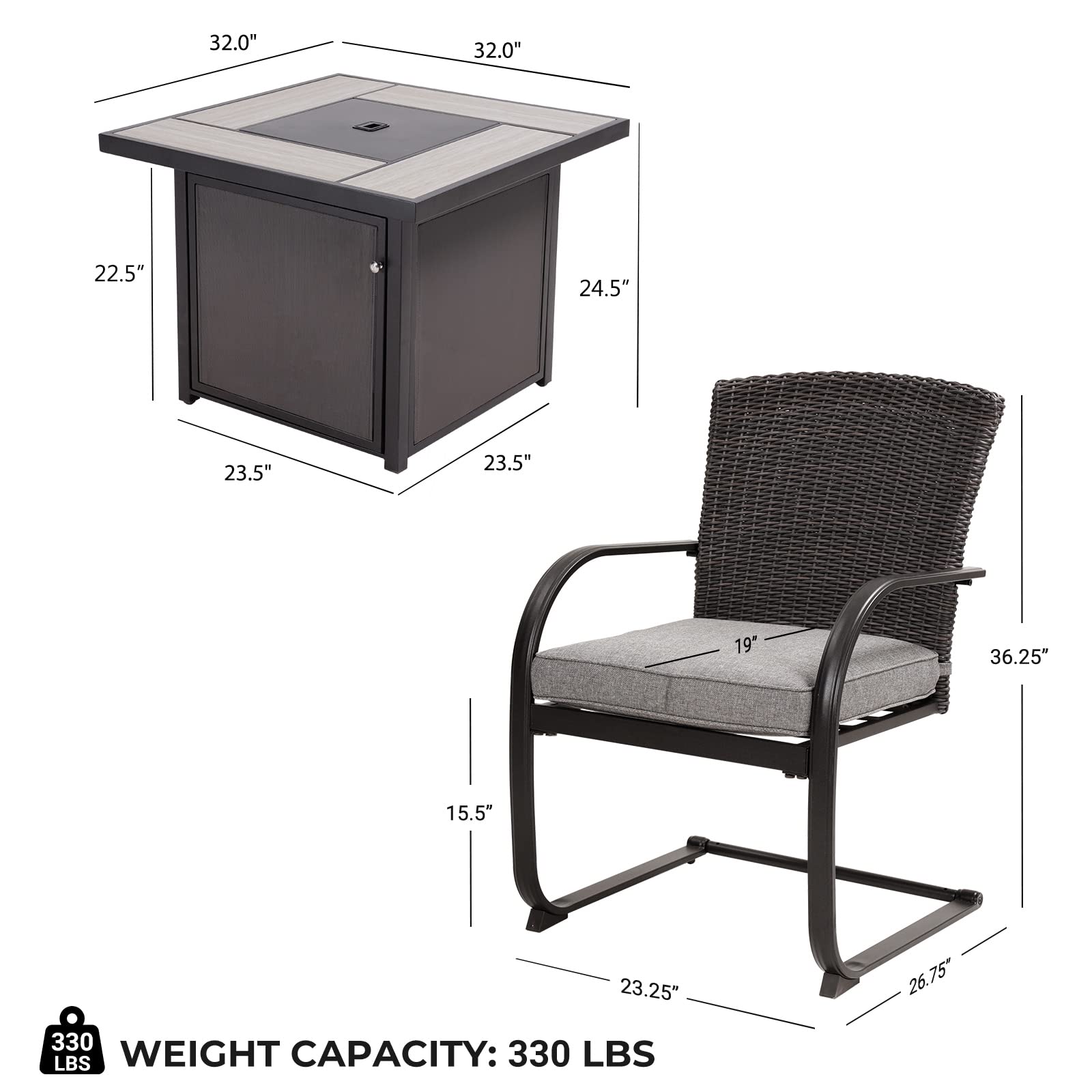 Grand patio Outdoor 5-Piece Steel Fire Pit Dining Set All-Weather 4 Steel Rocking Wicker Chairs with Removable Olefin Cushion & 32-in Square CSA Approved 50000BTU Sling Base Propane Gas Fire Table