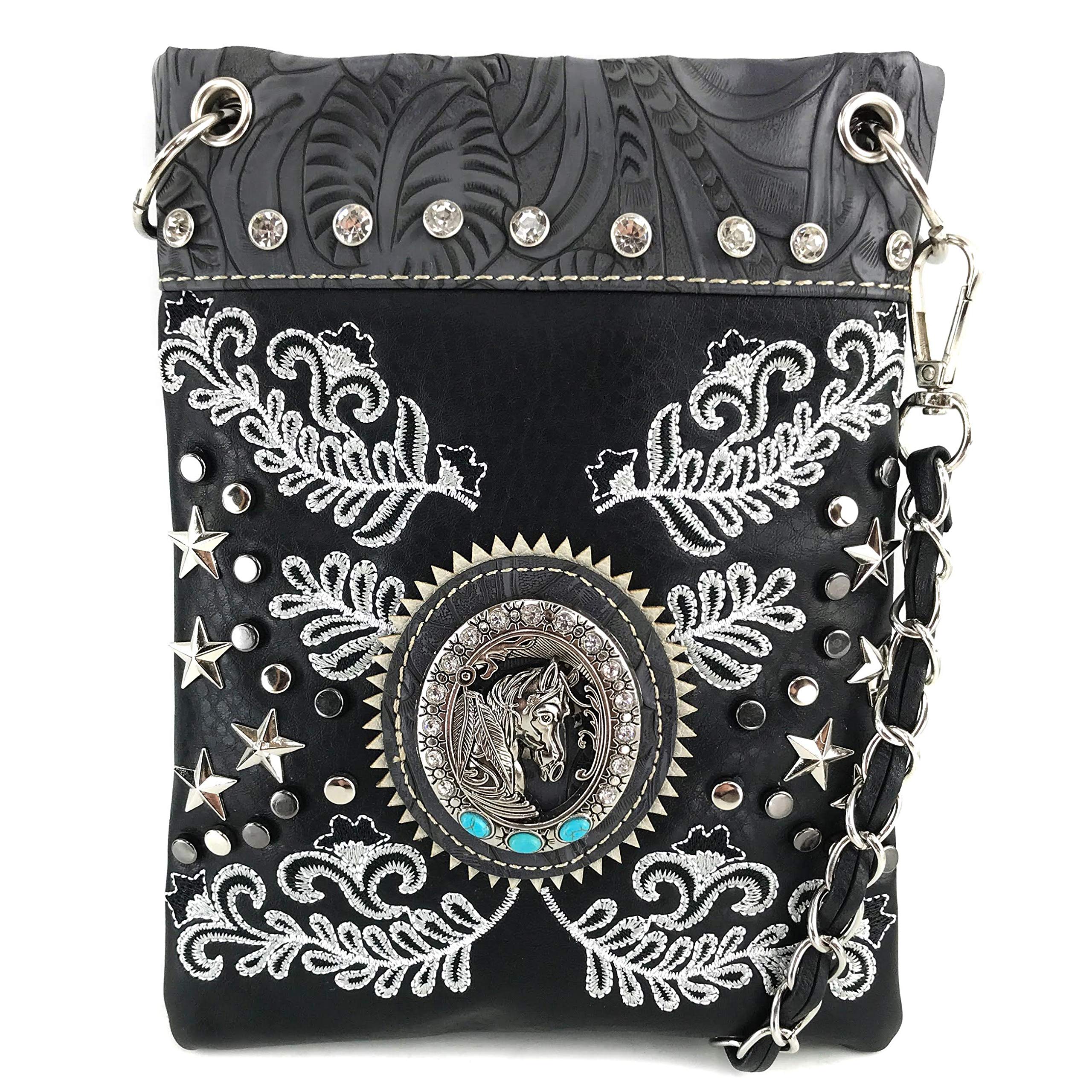 Zelris Western Horse Portrait Star Floral Women Crossbody Small Crossbody Purse (Black)