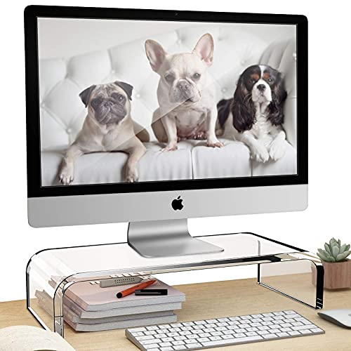 Clear Monitor Riser, Acrylic Computer Stand 20 inch - Sturdy 50LB Max - Promote Pain Relief Posture & Free Up Cluttered Space with TV, Laptop & PC Computer & Desk Storage Organizer Stand Riser
