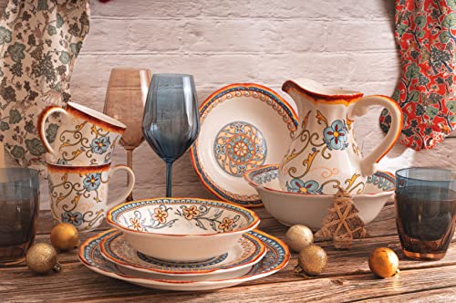 Euro Ceramica Duomo Collection Pasta Bowl Set of 4, Italian Floral Design, Multicolor, gold and cream, 34 fluid ounces