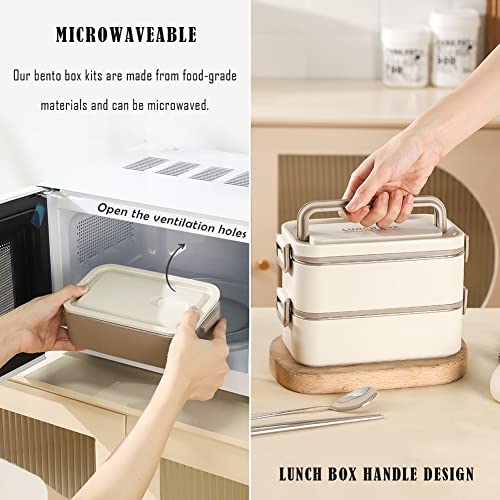 Keweis Bento Box Adult Lunch Box, Portable Insulated Lunch Containers Set, 2-Tier Stackable Stainless Steel Bento Boxes with Thermal Lunch Bag Soup Bowl, Leakproof Food Container
