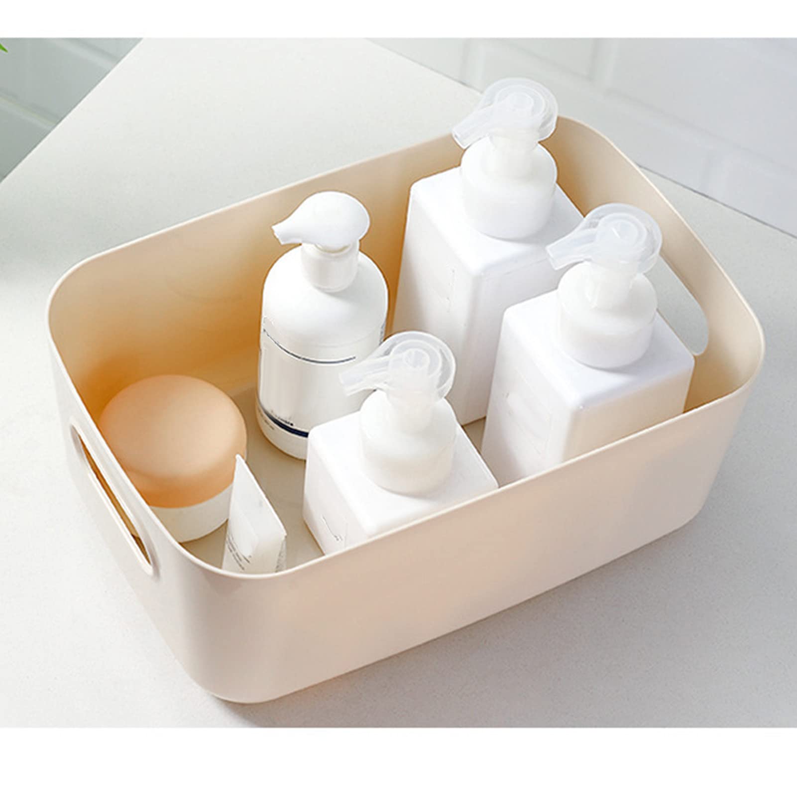 CHEOTIME Plastic Storage Bins, Desktop Storage Basket Plastic Storage Baskets with Handle Reusable PP Cosmetic Storages Box Desktops Sundries Organizer with Handle for Household(Small-Apricot)