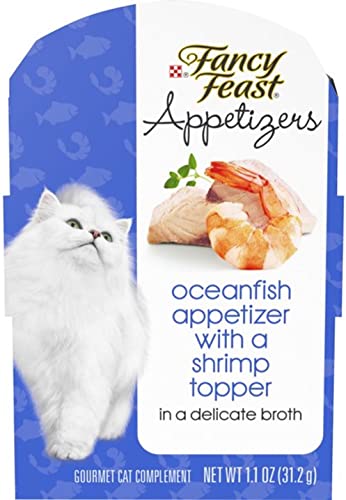 Purina Purely Fancy Feast Appetizers Cat Treats Flavor Variety Sampler Bundle of 12 Containers, (1.1 Ounces Each) with a Bundle a Plastic Noisy Cat Toy Ball and WMB's Sticker.