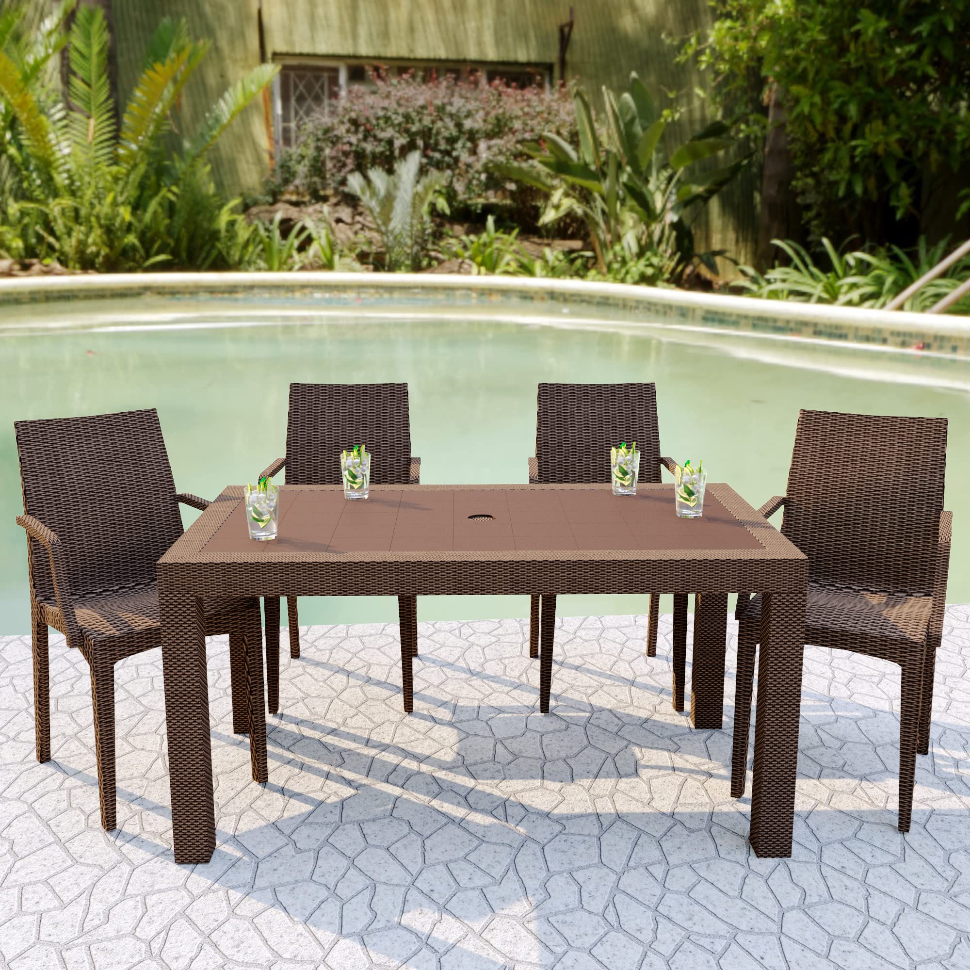 LeisureMod Hickory Weave Indoor Outdoor Patio Dining Side Armchair Set of 4 (Brown)