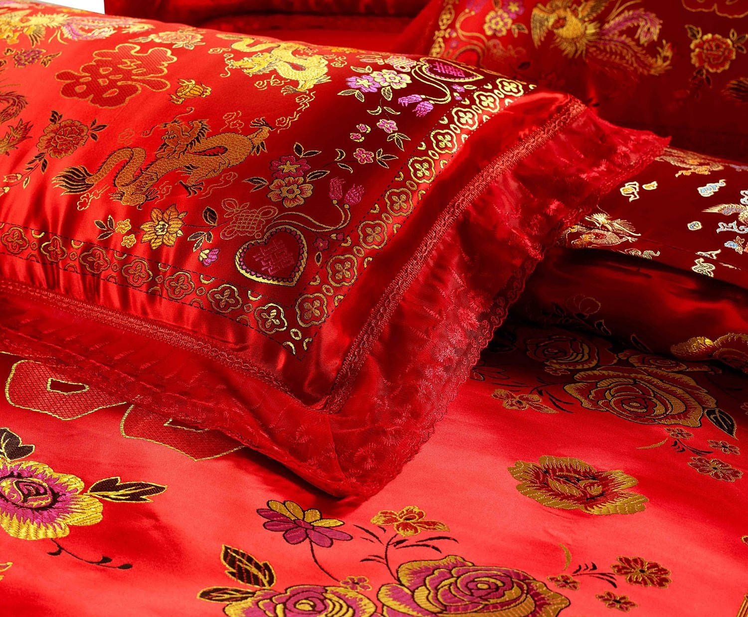 LELVA Chinese Traditional Red Sheet Asian Bedding Queen with Dragon and Phoenix Bird Embroidery Duvet Cover Set 4pcs (Queen)