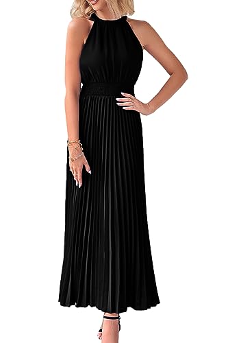 PRETTYGARDEN Women's Long Sun Dresses 2023 Sleeveless Halter Neck Flowy Pleated Maxi Cocktail Dress (Black,Large)