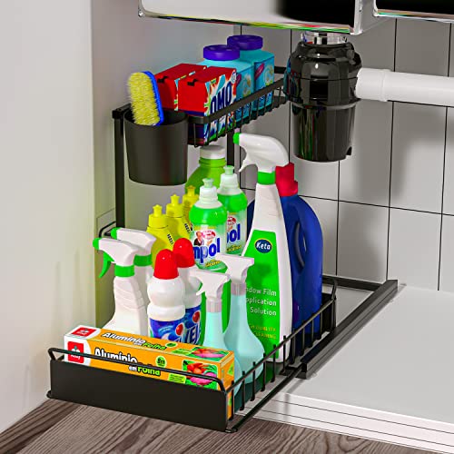 Gracenal Under Sink Organizer, Kitchen Organizers and Storage 1 Pack & Ribbed Glass Cups with Straws 12oz, Drinking Glasses Set of 4