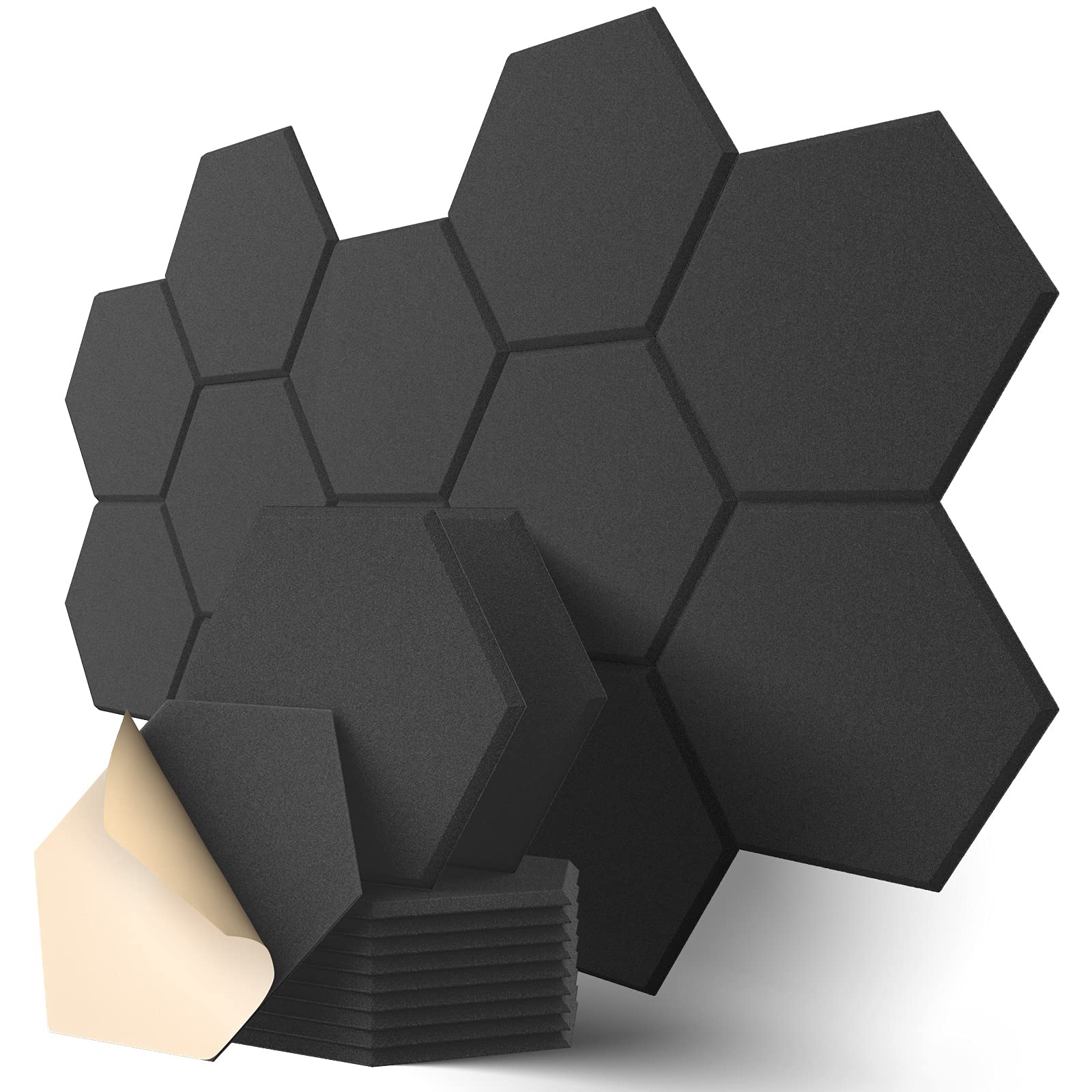 Dailycooper 12 Pack Self-adhesive Acoustic Panels 12" X 10" X 0.4" - Sound Proof Foam Panels with High Density, Stylish Hexagonal Design, Flame Resistant, Absorb Noise and Eliminate Echoes(Black)