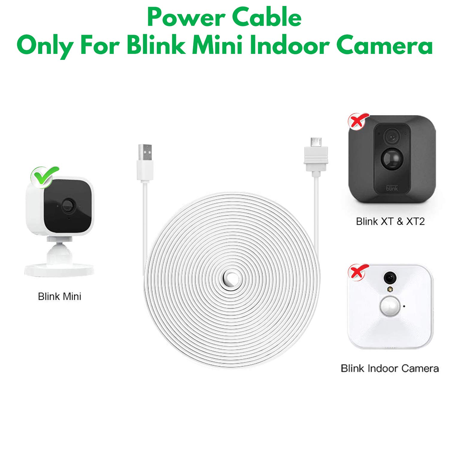 Zeshbit 2Pack 25ft/7.5m Power Cable for Blink Mini Security Camera, Extension USB Cable Continuously Charging Your Blink Mini Indoor Plug-in Smart Camera (Plug and Camera are Not Included)