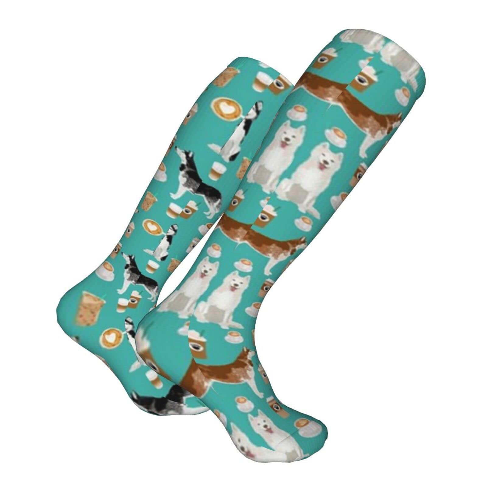 chegna Husky Siberian Huskies Coffees Dogs Design Compression Socks for Women & Men Circulation 15-20 mmHg is Best Support for Athletic Running Cycling, White, One Size (10463)