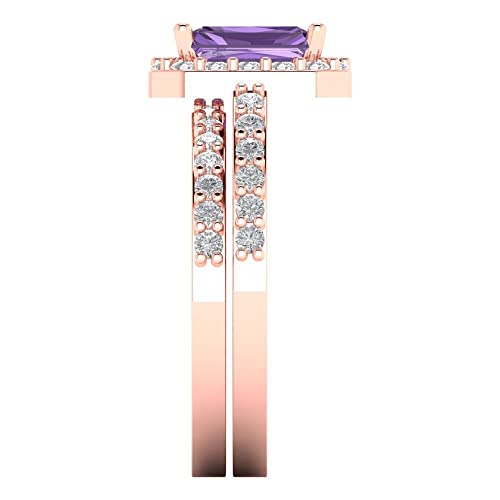 Clara Pucci 2.20ct Emerald Cut Halo Solitaire Accent Created Alexandrite Engagement Anniversary Bridal Ring Band set 18K Rose Gold 7.75
