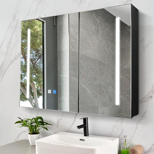 Fitsai Bathroom Medicine Cabinet with Light,LED 2-Door Bathroom Mirror Cabinet,31.5 x 23.6 Inch,with Defogger,Dimmer,Surface Mount,Black