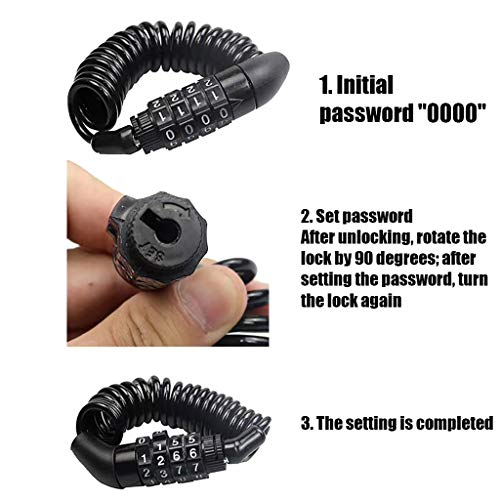 Cycling Combination 4-Digit Password Bike Lock Cable Security Bicycle Bike Accessories Mountain Bike Lights Front and Back (Black, One Size)