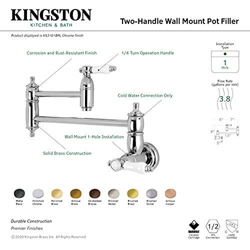Kingston Brass KS3107BPL Wall Mount Pot Filler Kitchen Faucet, Brushed Brass