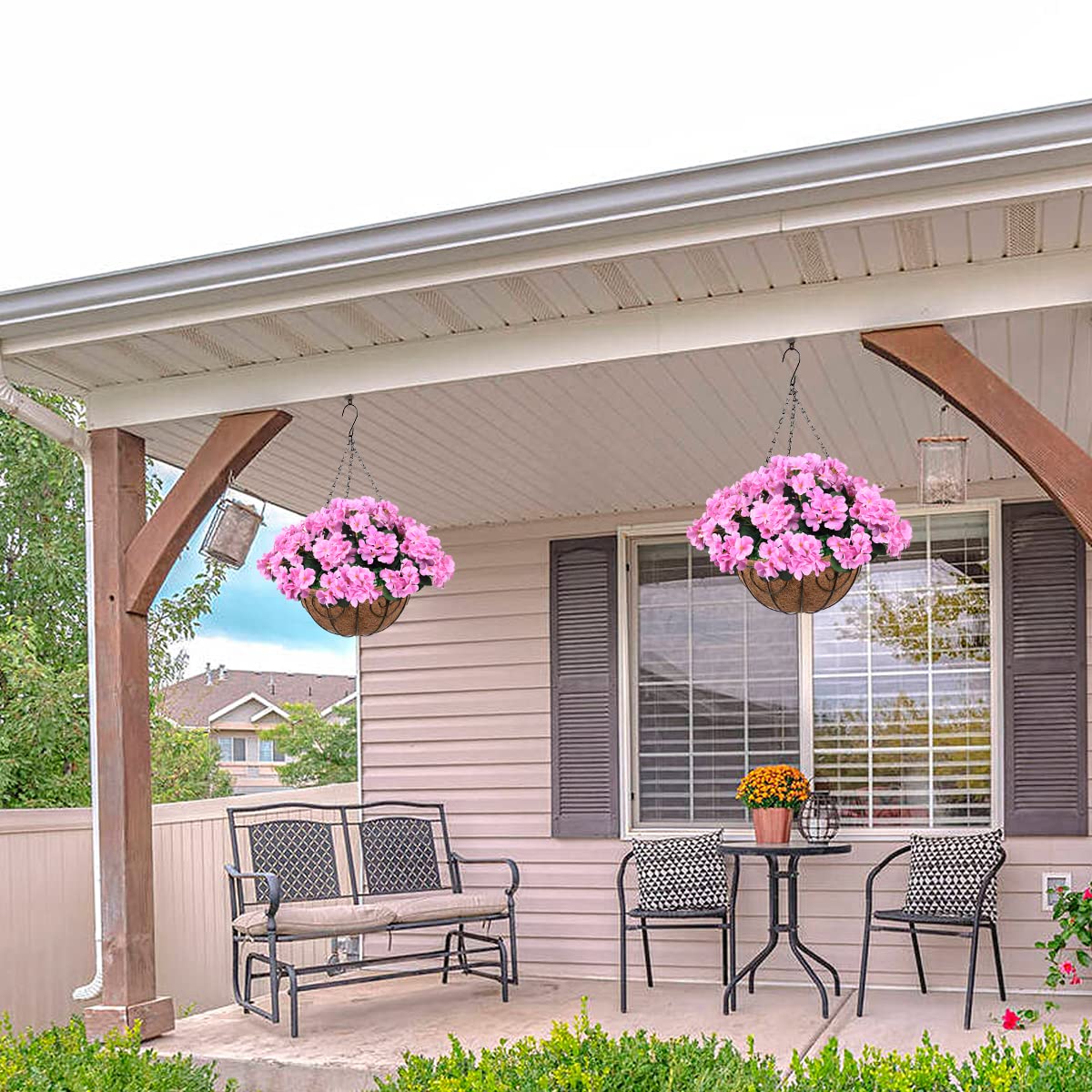 ZFProcess Artificial Flowers Hanging Basket with Begonia Silk Flowers for Outdoor/Indoor, Artificial Geranium Flowers in 12'' Basket for Patio Lawn Garden Summer Decoration(Deep Pink)