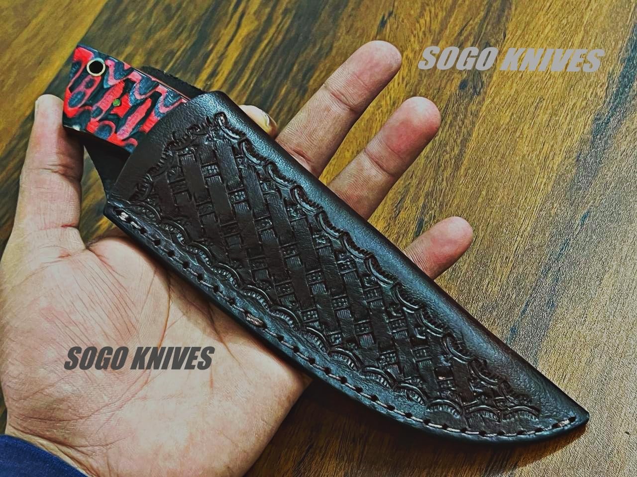 SOGO KNIVES Leather Knife Sheath For Belt, Slanted Sheath, Tooled Leather Sheath, Beautiful 8 TO 9 inches Hunting Knife fixed blade Leather Cover 100% Real Leather (BROWN)