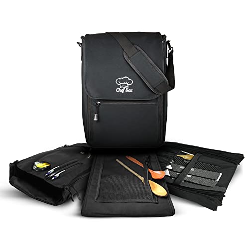 Chef Knife Bag Messenger Bag | 6+ Pockets for Knives & Kitchen Utensils | Adjustable Padded Chef Bag | Special Slots for Honing Rod | Great Gift for Executive Chefs & Culinary Students (Black)