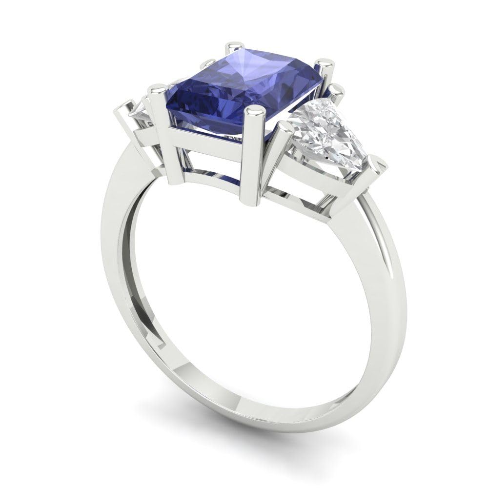 Clara Pucci 2.95 Carat Emerald Cut 3 Stone Solitaire Simulated Tanzanite Proposal Designer Wedding Anniversary Bridal Ring 14k White Gold, Size 8
