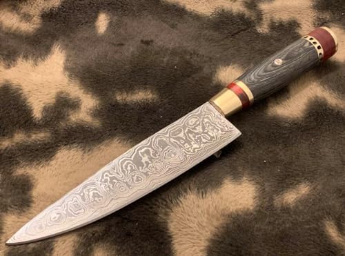 Chef Knife Flat Handle Damascus Steel Blade 12Inc Black Exotic wood scale