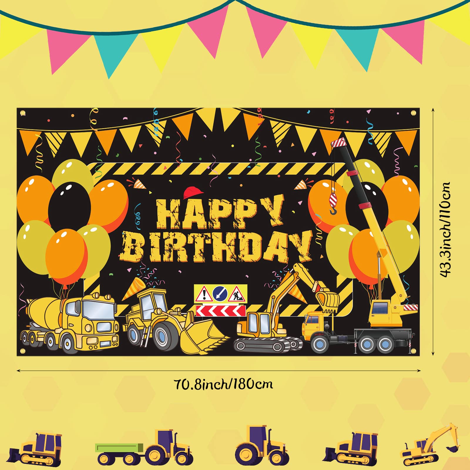 Construction Happy Birthday Banner Large Dump Truck Backdrop Excavator Crane Digger Background Party Supplies for Boys Kids Construction Baby Shower Birthday Party Decoration