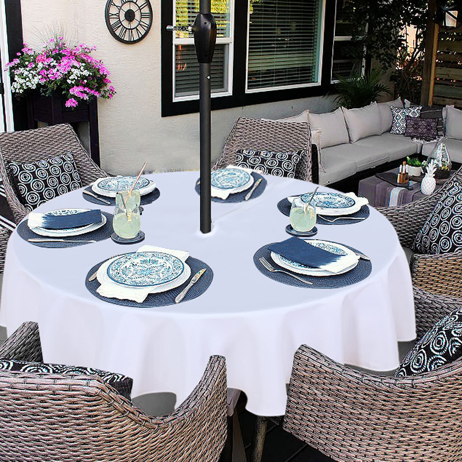 Fitable Table Cover Outdoor and Indoor Tablecloth - Washable Waterproof Wrinkle Free Table Cloth with Zipper and Umbrella Hole for Spring/Summer/Party/Picnic/BBQS/Patio White 60R