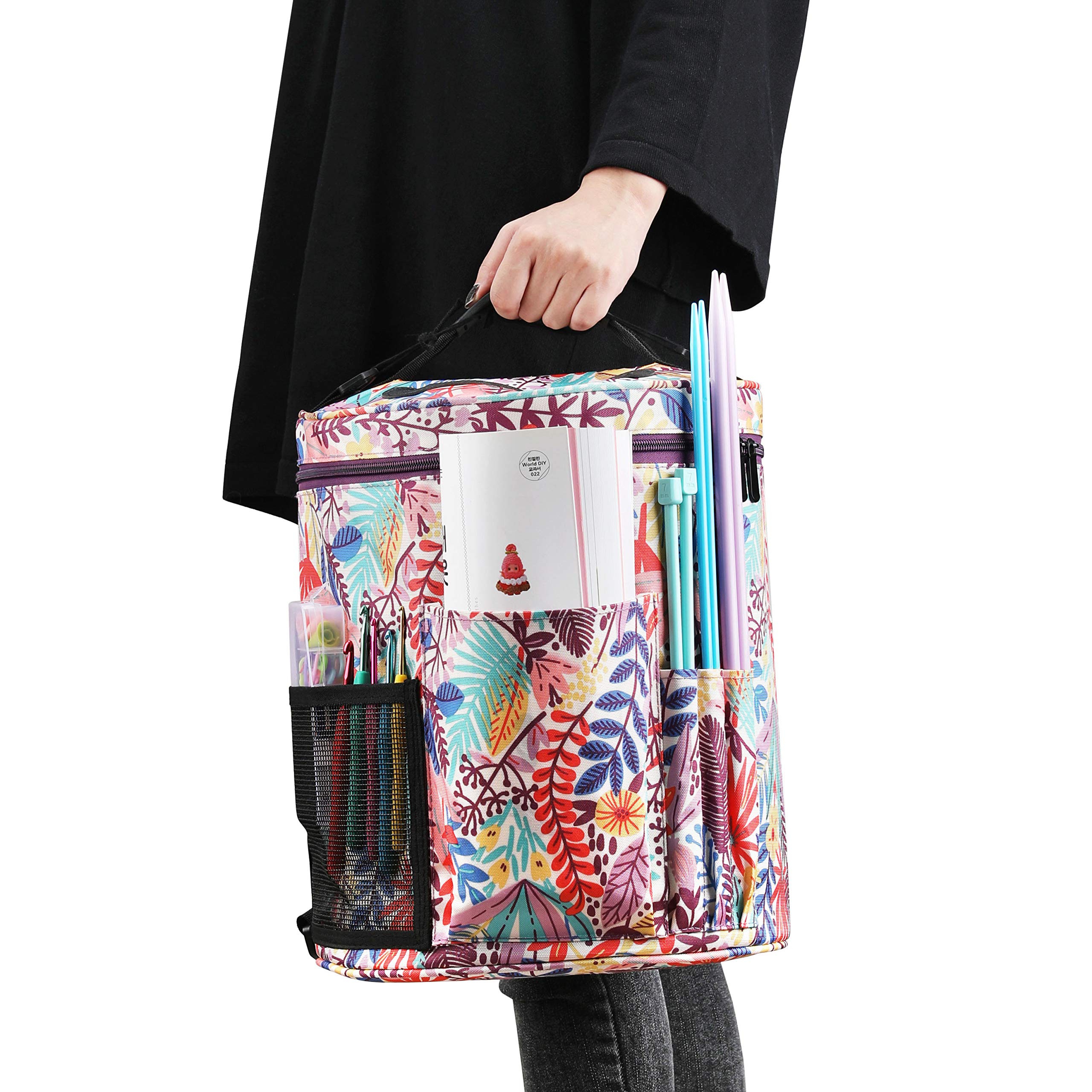 KOKNIT Durable Yarn Storage Tote, Yarn Organizer Crochet Bag with Knitting Accessories Pockets for Beginners and Craft Lovers, Slits on Top to Protect Wool and Prevent Tangling