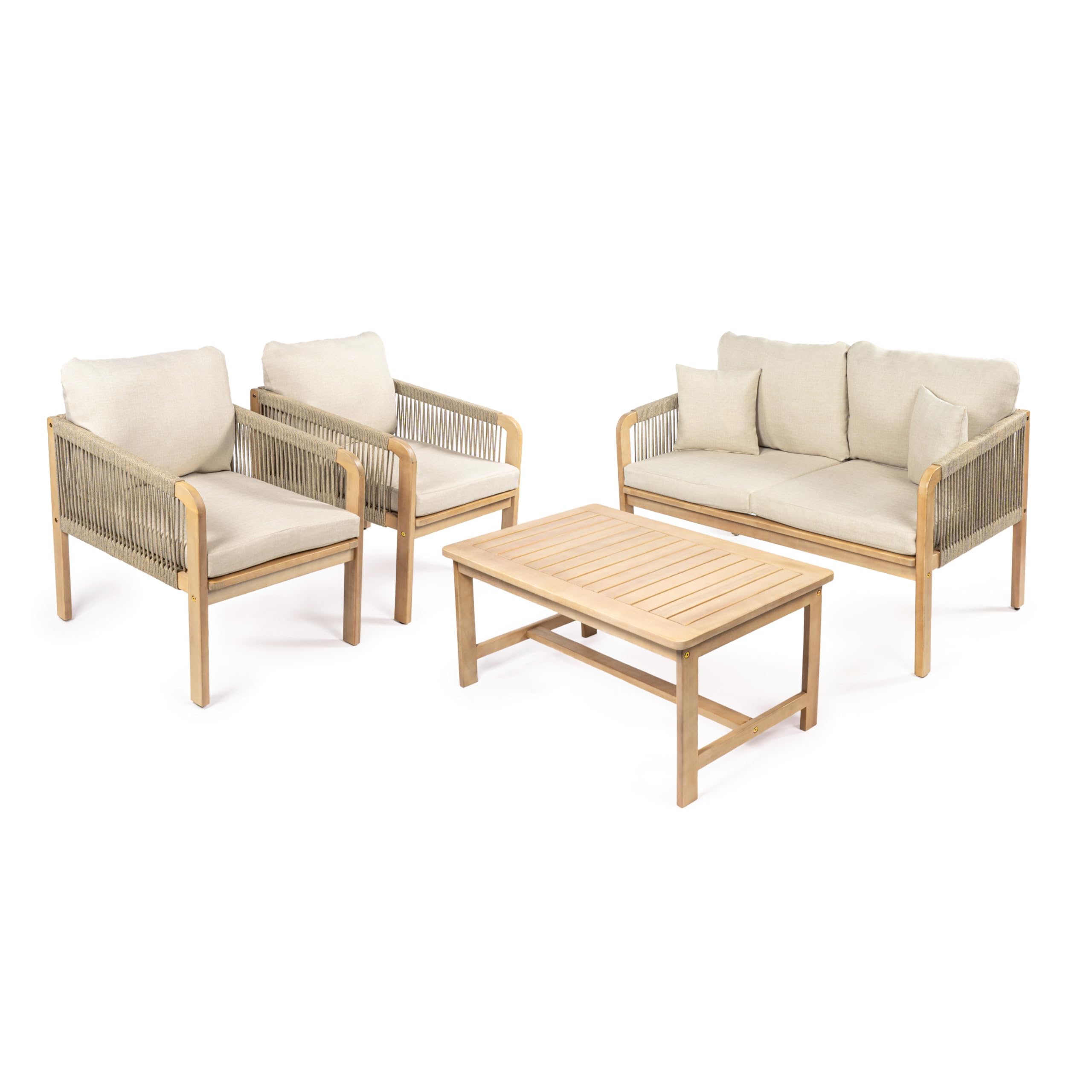 JONATHAN Y LVG1202A-4SET Tavira 4-Piece Modern Bohemian Acacia Wood Outdoor Patio Set with Cushions and Plain Decorative Pillows Coastal, Contemporary, Transitional, Rustic, Cottage, Beige/Light Teak