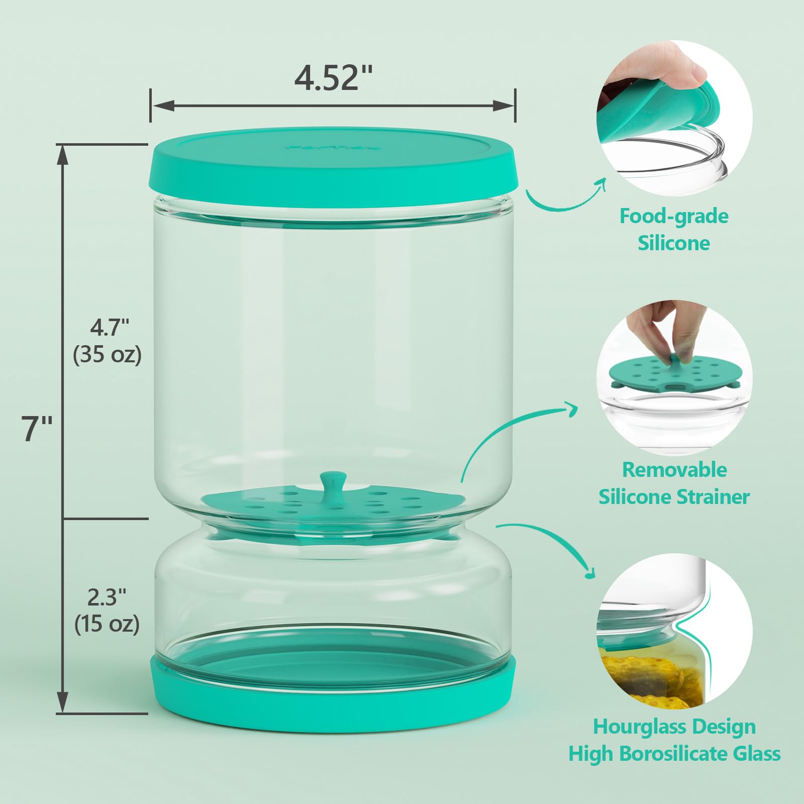 ForTidy Glass Pickle Jar with Strainer Flip - Airtight Olive Container with Silicone Lids, 50.72oz Kitchen Organization Must-Have Versatile Hourglass Jar, BPA-Free, Dishwasher Safe (Green)