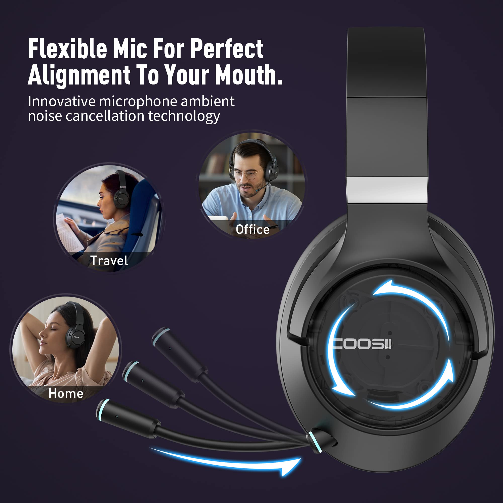 COOSII Wireless Bluetooth Headsets with Microphone for Computer, Headphone Foldable Over Ear Soft 40H with Retractable Mic, USB Dongle for PS5 PS4 PC Cellphone Laptop