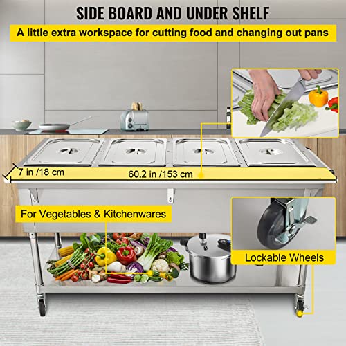 VEVOR Commercial Electric Food Warmer, 4-Pot Steam Table Food Warmer 0-100℃ w/ 2 Lockable Wheels, Professional Stainless Steel Material for Catering and Restaurants