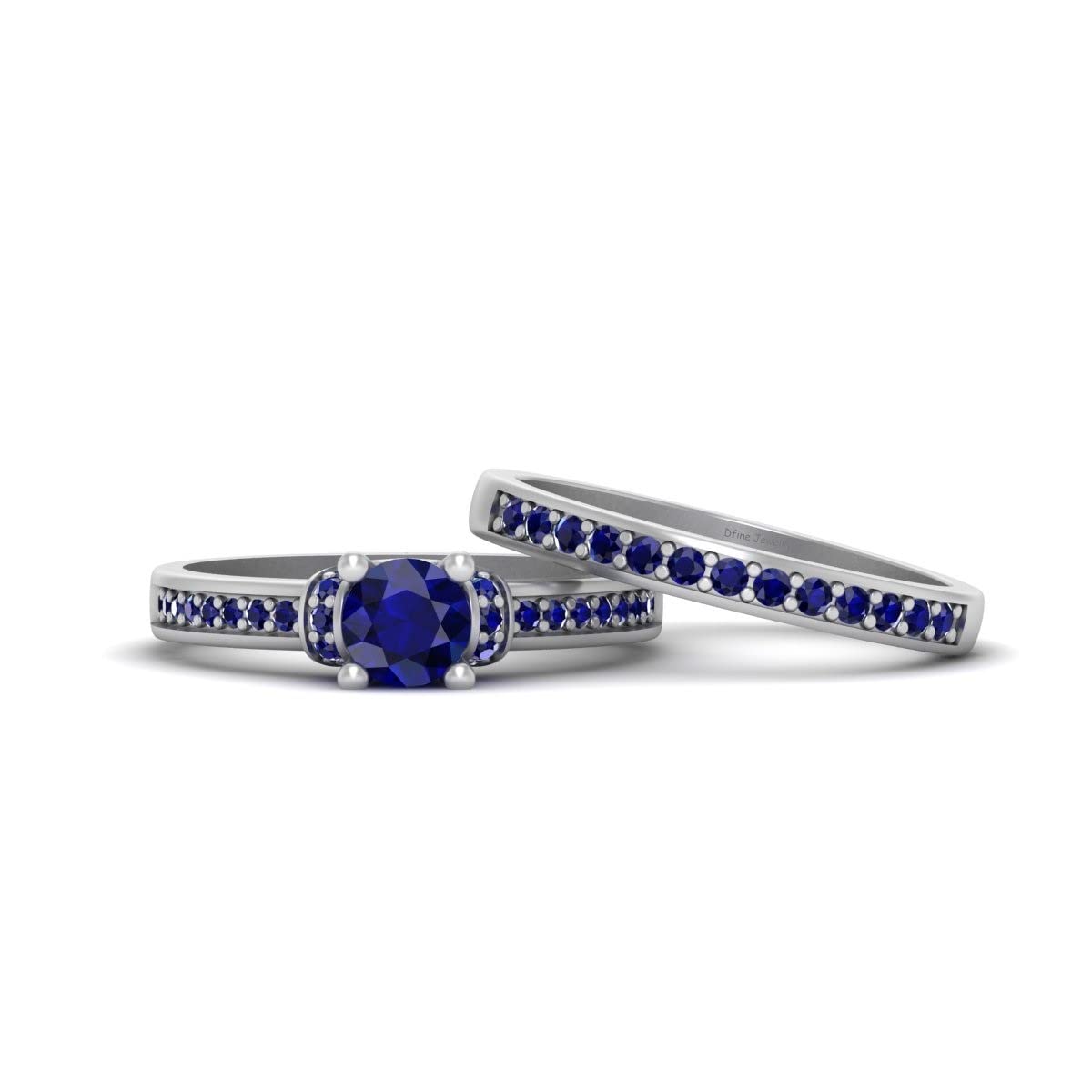 Classic Round Blue Sapphire 14K White Gold Plated Sterling Silver Engagement Wedding Ring Bridal Set for Women
