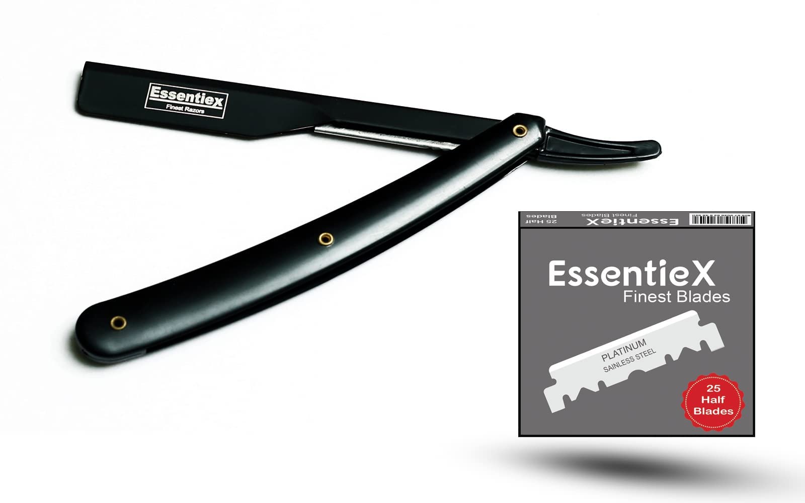 EssentieX Gold Barber Stright Edge Razor for Men 100% Stainless Steel With 25 Half Blades… (Plastic Handy Stainless Steel Head)