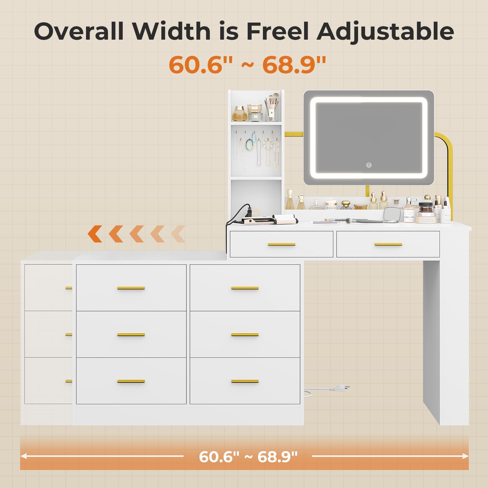 Hasuit Large Vanity Desk with Mirror and Lights,68.9'' Long Makeup Dressing Vanity Table with Charging Station, 8 Drawers, Vanity Mirror 3 Lighting Modes Adjustable, White
