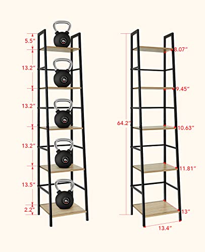 Pshelfy Bookshelf, 5-Tier Narrow Ladder Shelf Bookcase with Metal Frame, Freestanding Corner Rack Shelves for Small Spaces Display Storage Organizer Tall Skinny Shelf for Bedroom Living Room Kitchen
