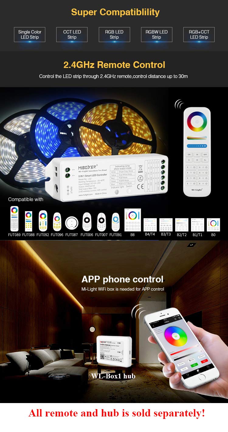 LGIDTECH LS2 LED Strip Lights 5 in 1 Controller,Compatible with Single Color,RGB,RGBW,WW+CW,RGB+CCT LED Strip Lights,Smartphone APP Control via Gateway(Excluded)
