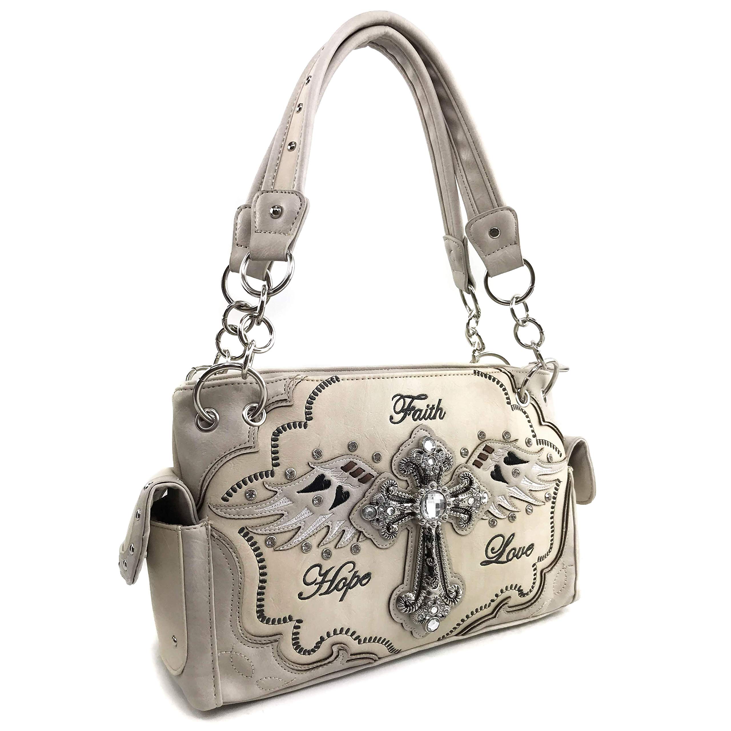 Zelris Faith Love Hope Cross Angel Wing Women Conceal Carry Handbag Wallet Set (Beige)