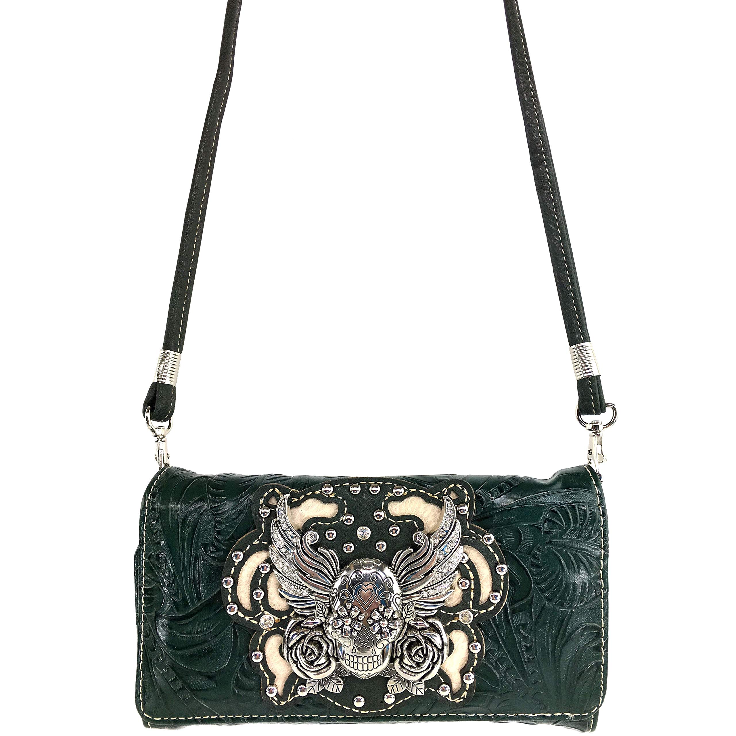 Zelris Sugar Skull Roses Angel Wing Women Crossbody Wrist Handle Trifold Wallet (Olive)